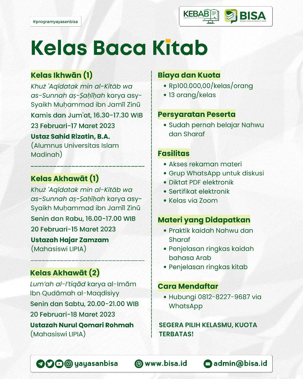 Pendaftaran Program Kelas Baca Kitab - Belajar Islam dan Bahasa Arab (BISA)