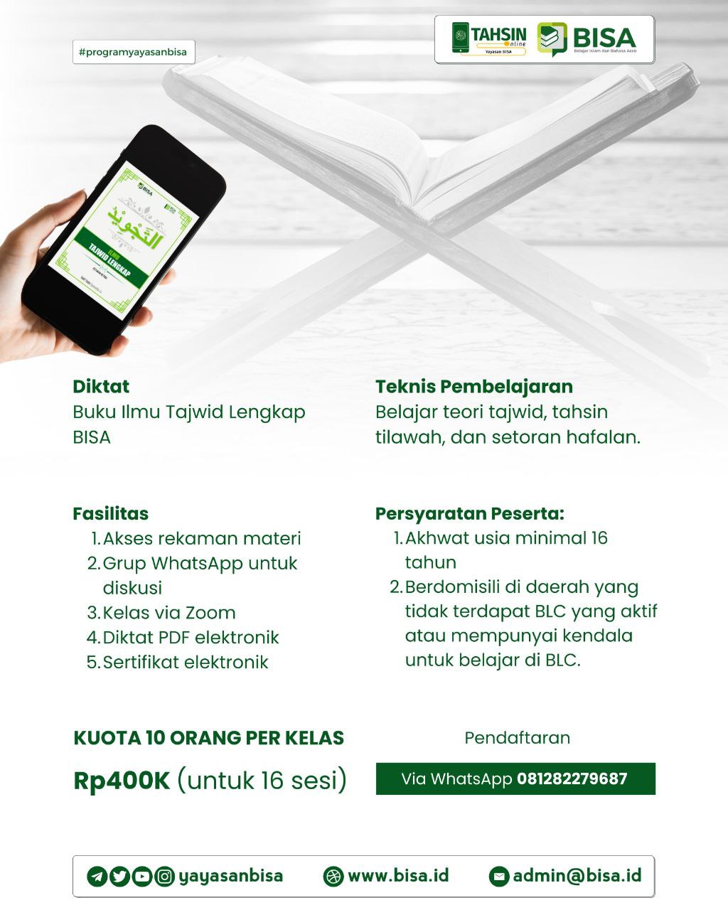 TABSYIIR! Pendaftaran Program Tahsin Online BISA - Belajar Islam dan Bahasa Arab (BISA)